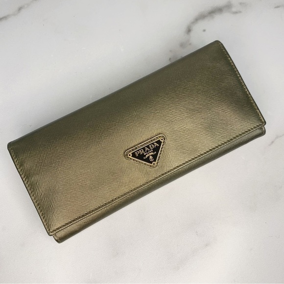 Prada | Bags | Prada Saffiano Lux Gold Pewter Trifold Wallet | Poshmark